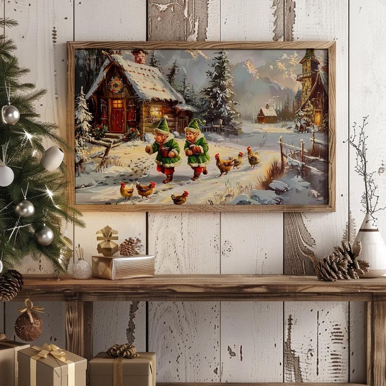 Santa Farm Print Elf Chickens Chicken Christmas Art Cute Chickens ...