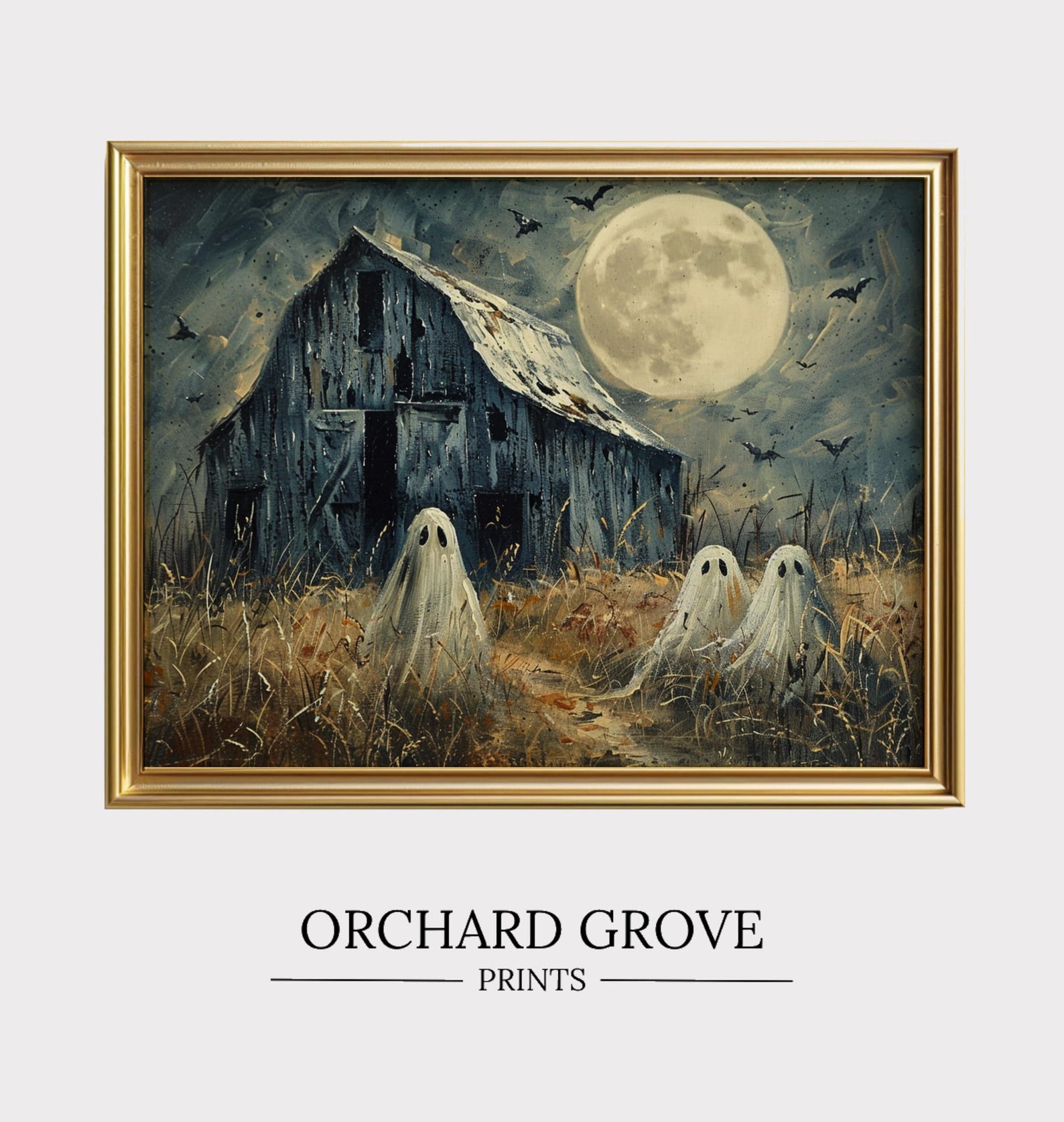 Cute Ghosts Haunted Halloween Farmhouse Spooky Barn Painting Vintage ...