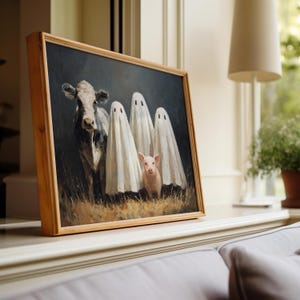Ghostly Farm Animals Print, Rustic Ghost Wall Art, Halloween Cow Pig ...