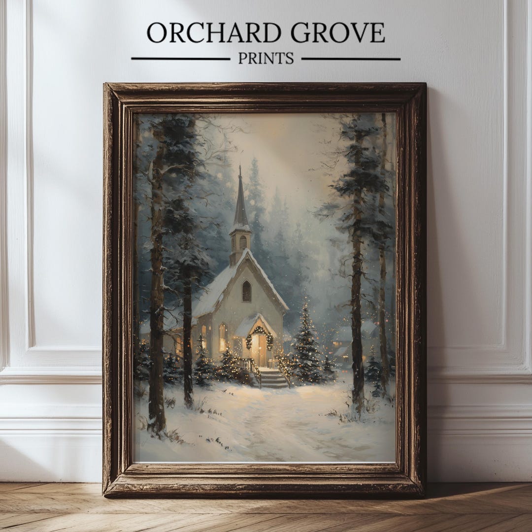 Snowy Church Christmas Print, Rustic Winter Chapel Wall Art, Farmhouse ...