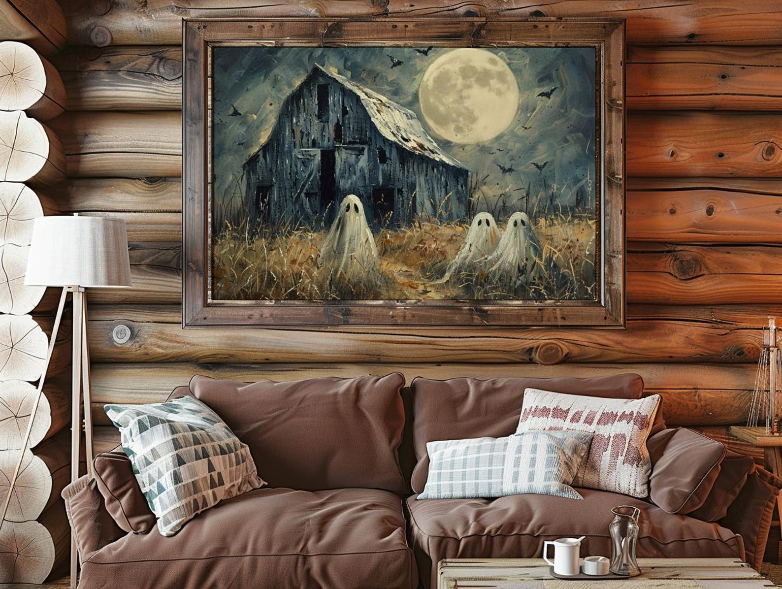 Cute Ghosts Haunted Halloween Farmhouse Spooky Barn Painting Vintage ...