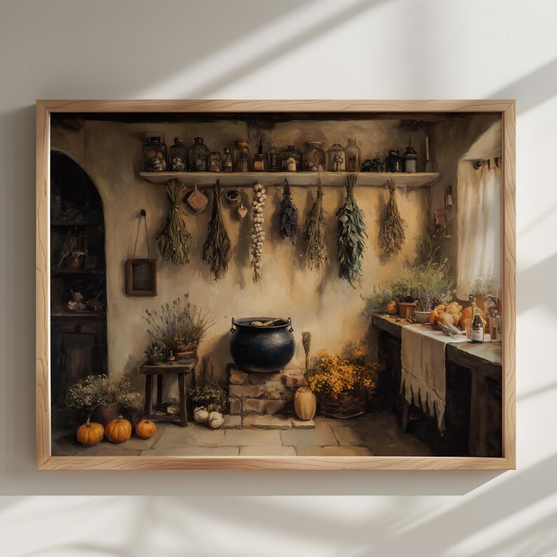 Witch Kitchen Wall Art, Cozy Cottagecore Print Herbs, Cauldron Pumpkins ...