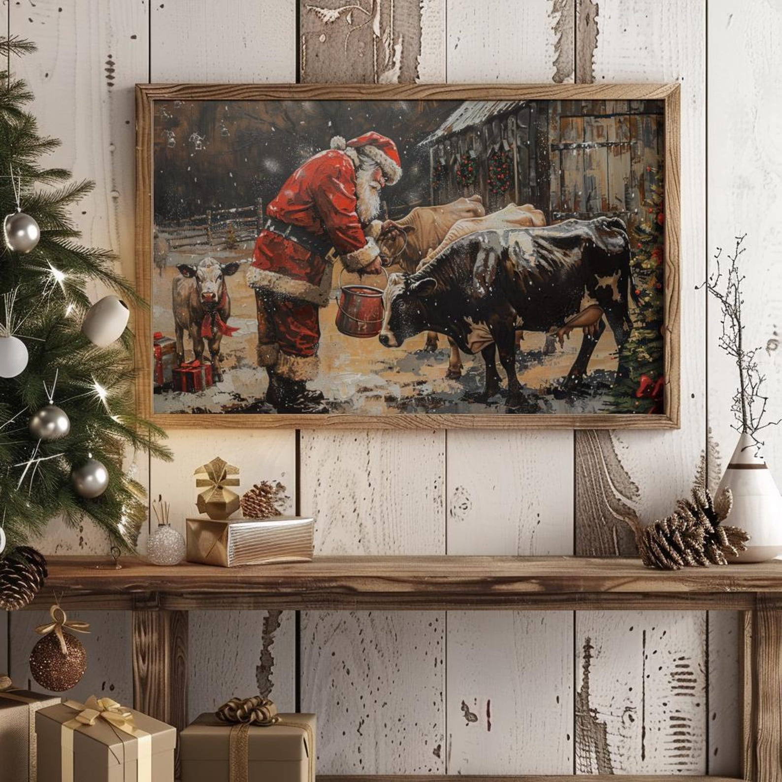 Santa Farm Print Santa Cows Cow Christmas Art Cute Cow Printable ...