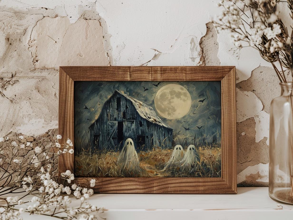 Cute Ghosts Haunted Halloween Farmhouse Spooky Barn Painting Vintage ...