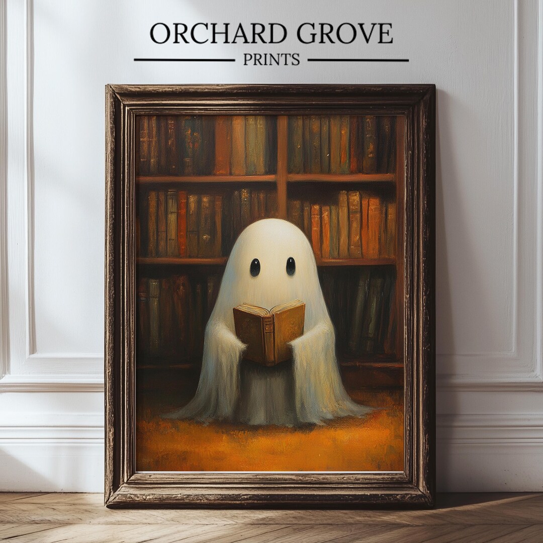 Cute Ghost Reading in Library, Vintage Style Ghost Print, Bookish ...