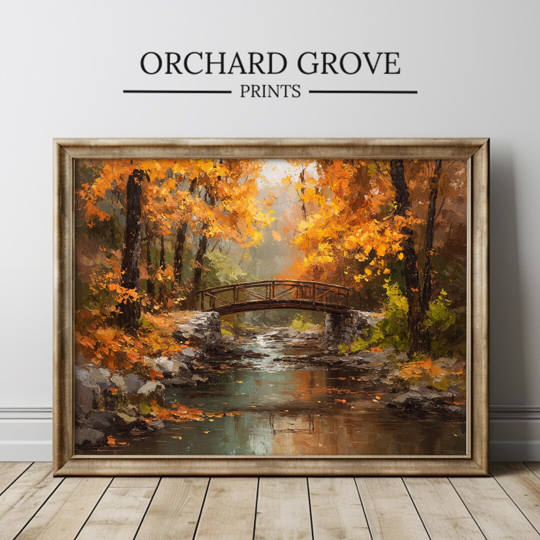 Autumn Bridge Landscape Print Vintage Fall Forest Painting Rustic