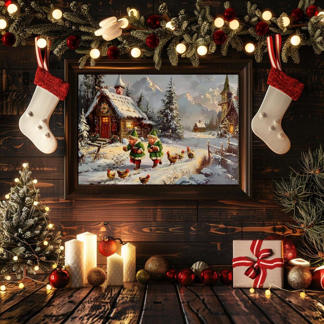 Santa Farm Print Elf Chickens Chicken Christmas Art Cute Chickens ...