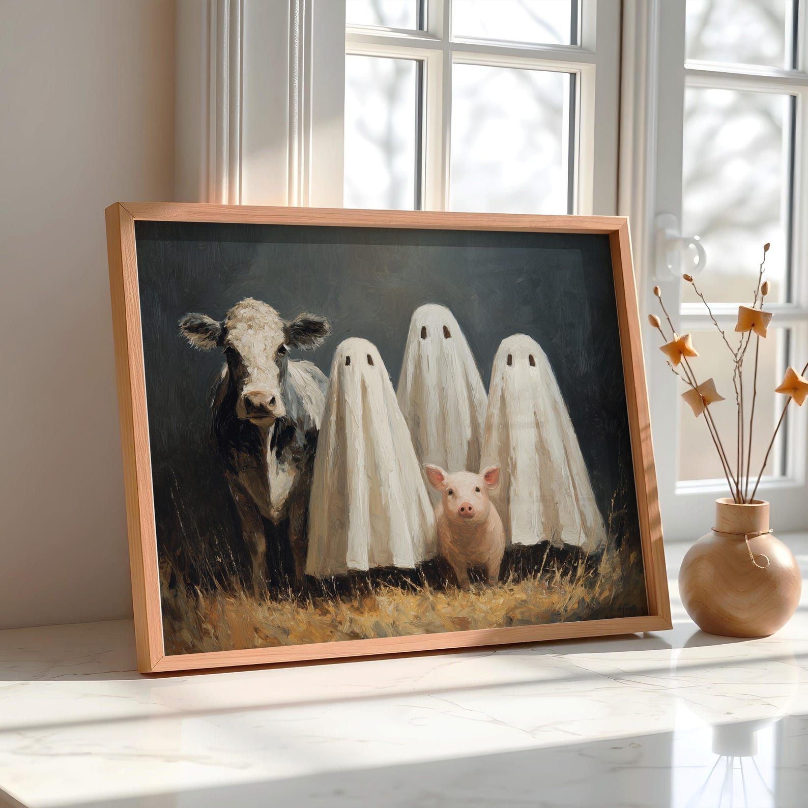 Ghostly Farm Animals Print, Rustic Ghost Wall Art, Halloween Cow Pig ...