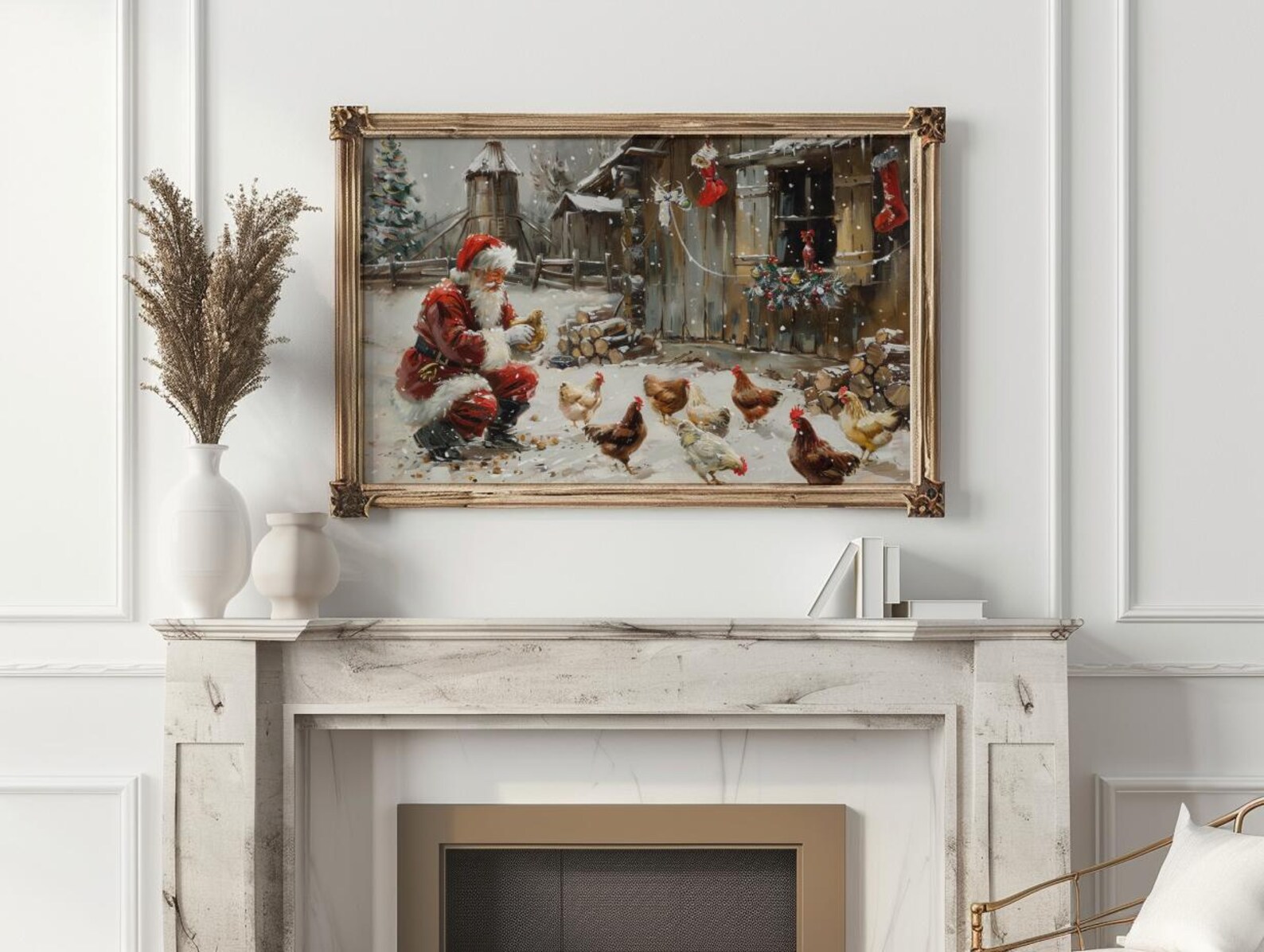 Santa Farm Print Santa Chickens Christmas Farm Art Cute Chicken ...