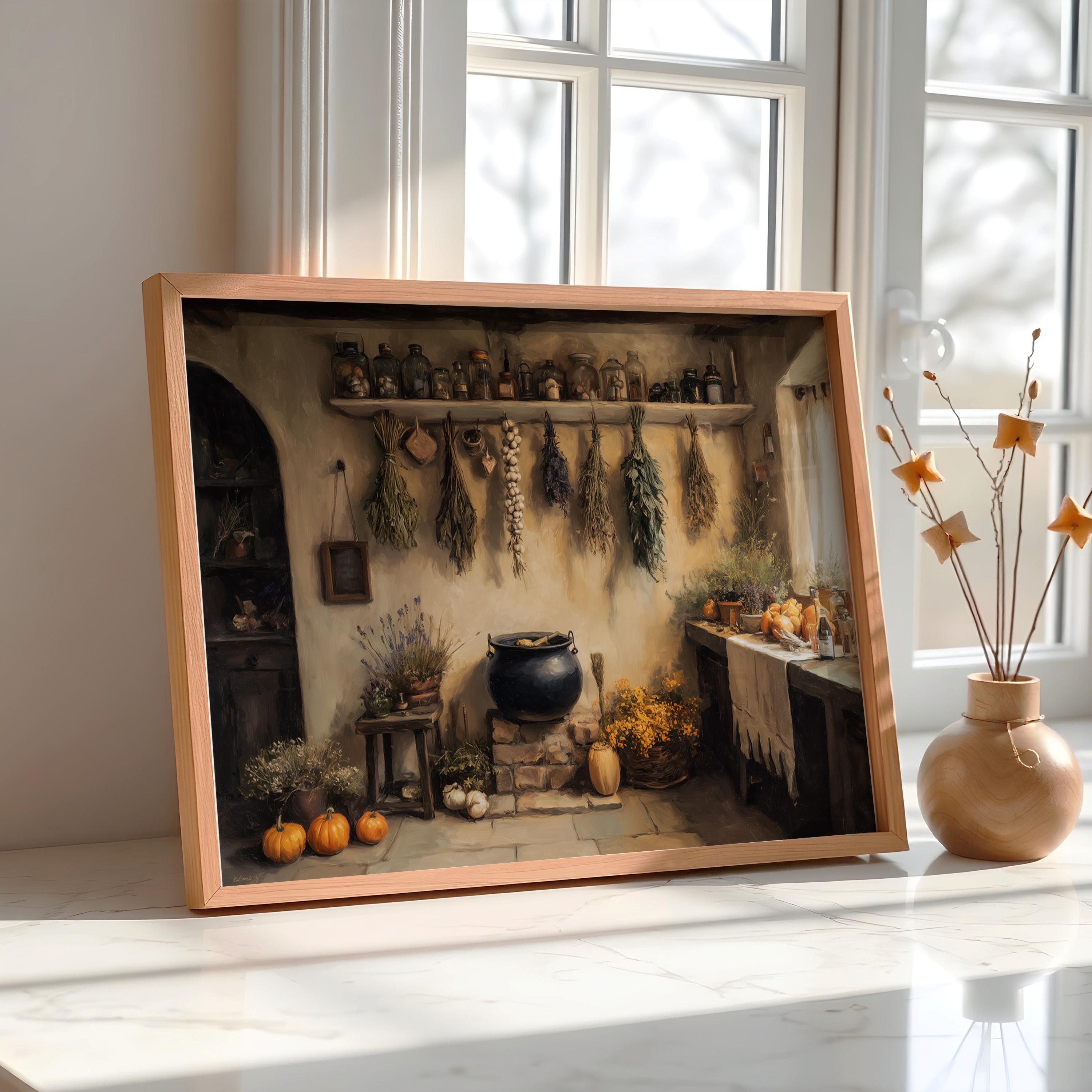 Witch Kitchen Wall Art, Cozy Cottagecore Print Herbs, Cauldron Pumpkins ...
