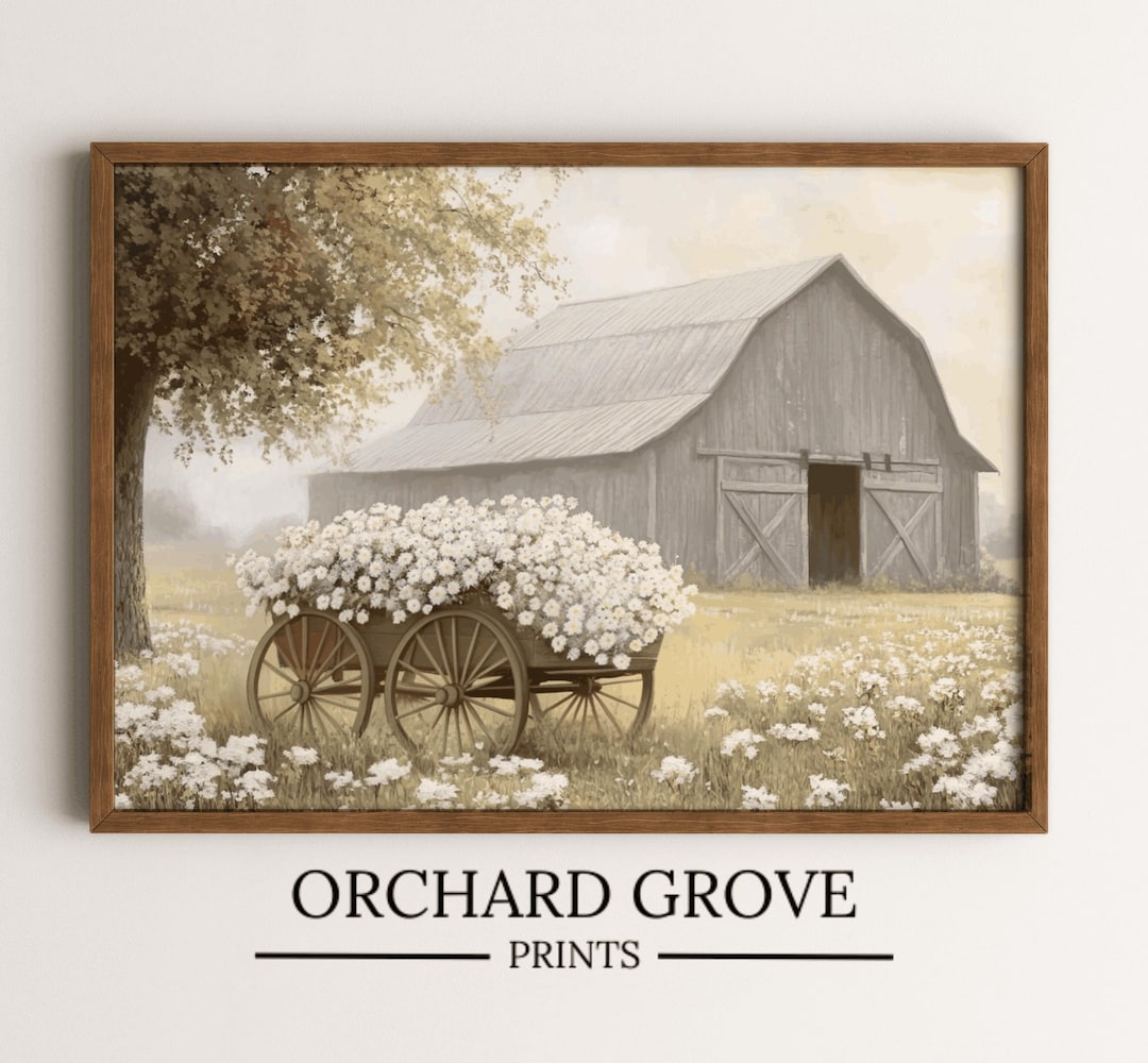 Floral Cart Print Country Scenery Rural Spring Decor Flower Cart Barn ...