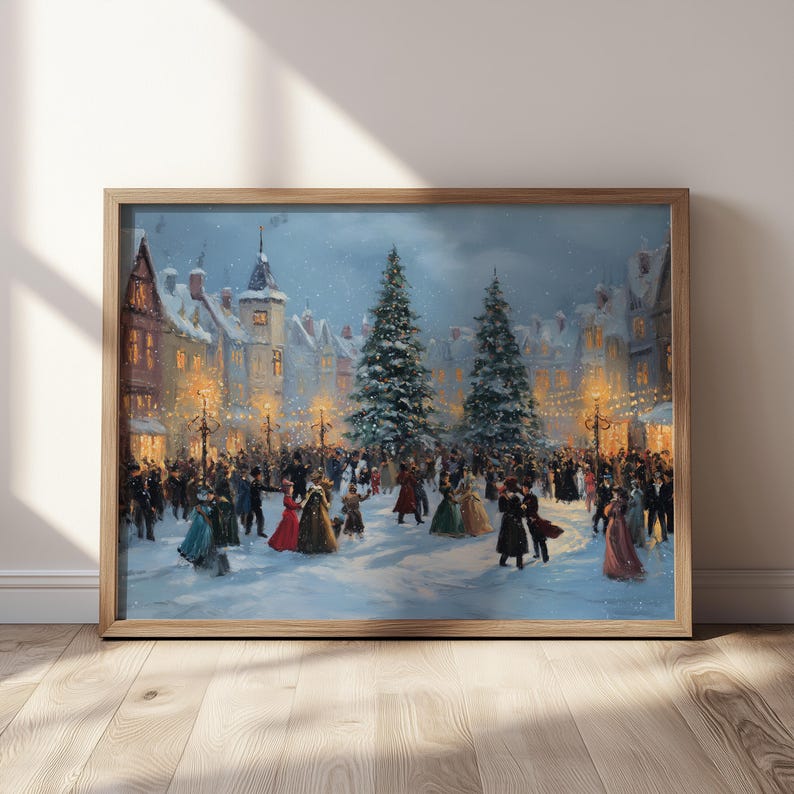 Victorian Christmas Town Print, Vintage Holiday Wall Art, Festive ...