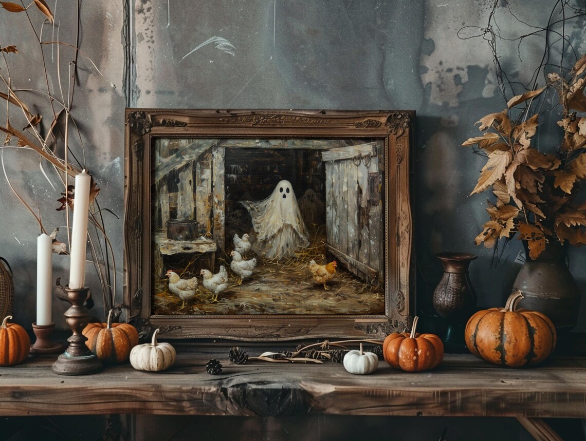 Chicken Ghost Halloween Art Spooky Wall Art Cute Ghost Farm Vintage Oil ...
