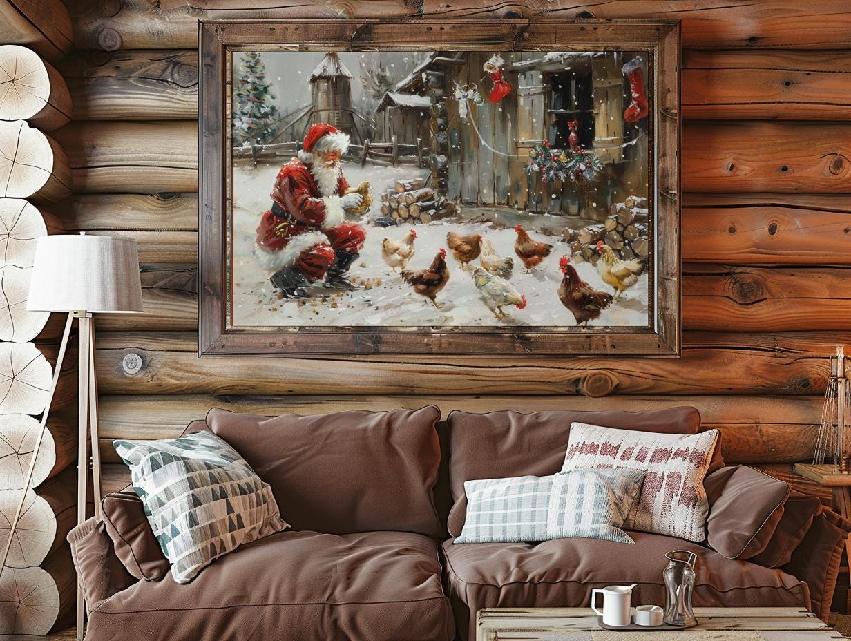 Santa Farm Print Santa Chickens Christmas Farm Art Cute Chicken ...