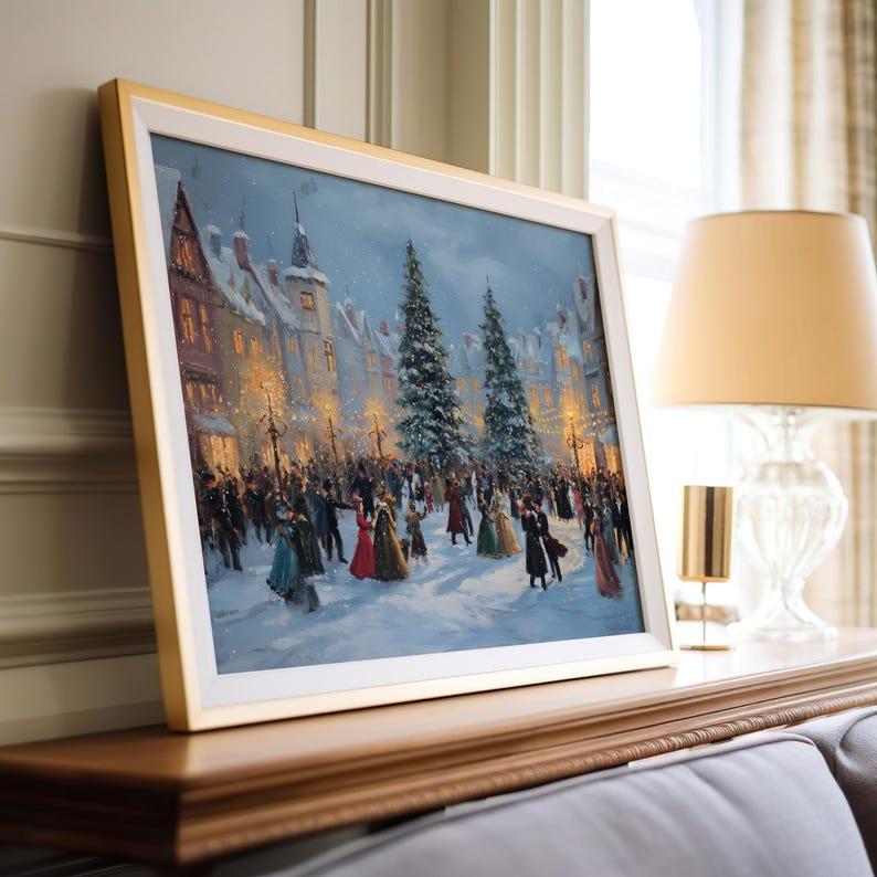 Victorian Christmas Town Print, Vintage Holiday Wall Art, Festive ...