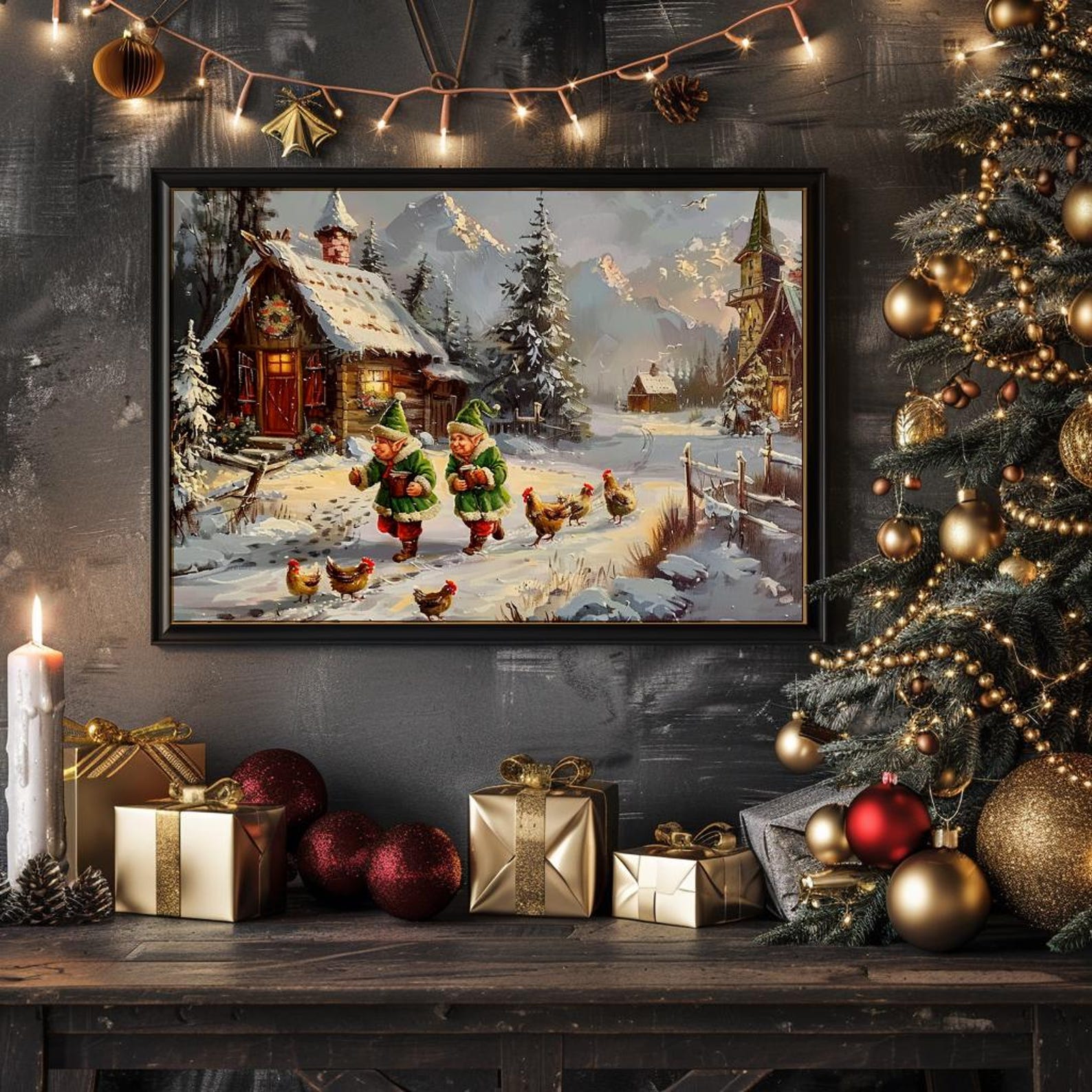 Santa Farm Print Elf Chickens Chicken Christmas Art Cute Chickens ...