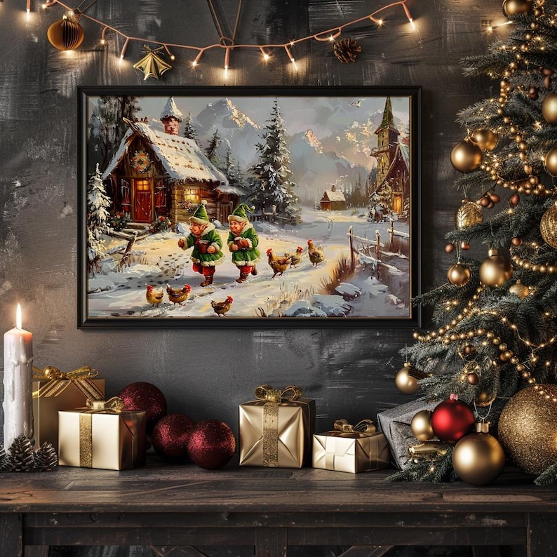 Santa Farm Print Elf Chickens Chicken Christmas Art Cute Chickens ...