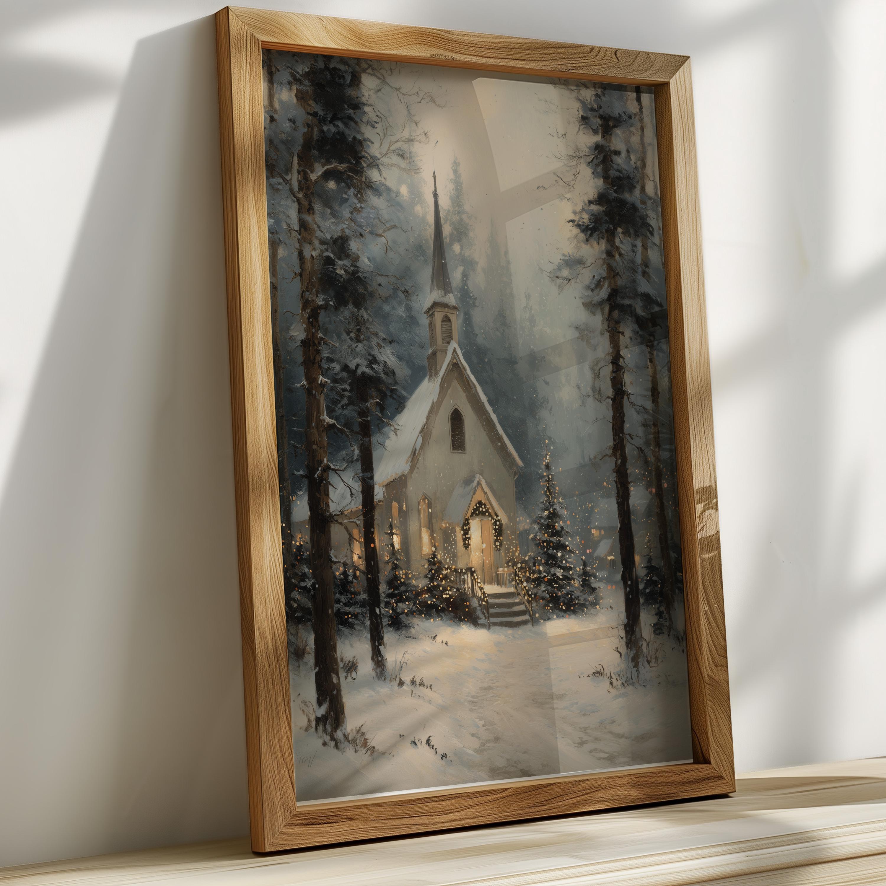 Snowy Church Christmas Print, Rustic Winter Chapel Wall Art, Farmhouse ...