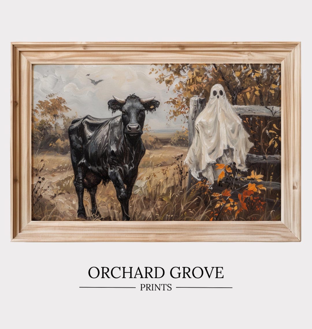 Cow Ghost Halloween Art Spooky Wall Art Cute Ghost Farm Vintage Oil ...