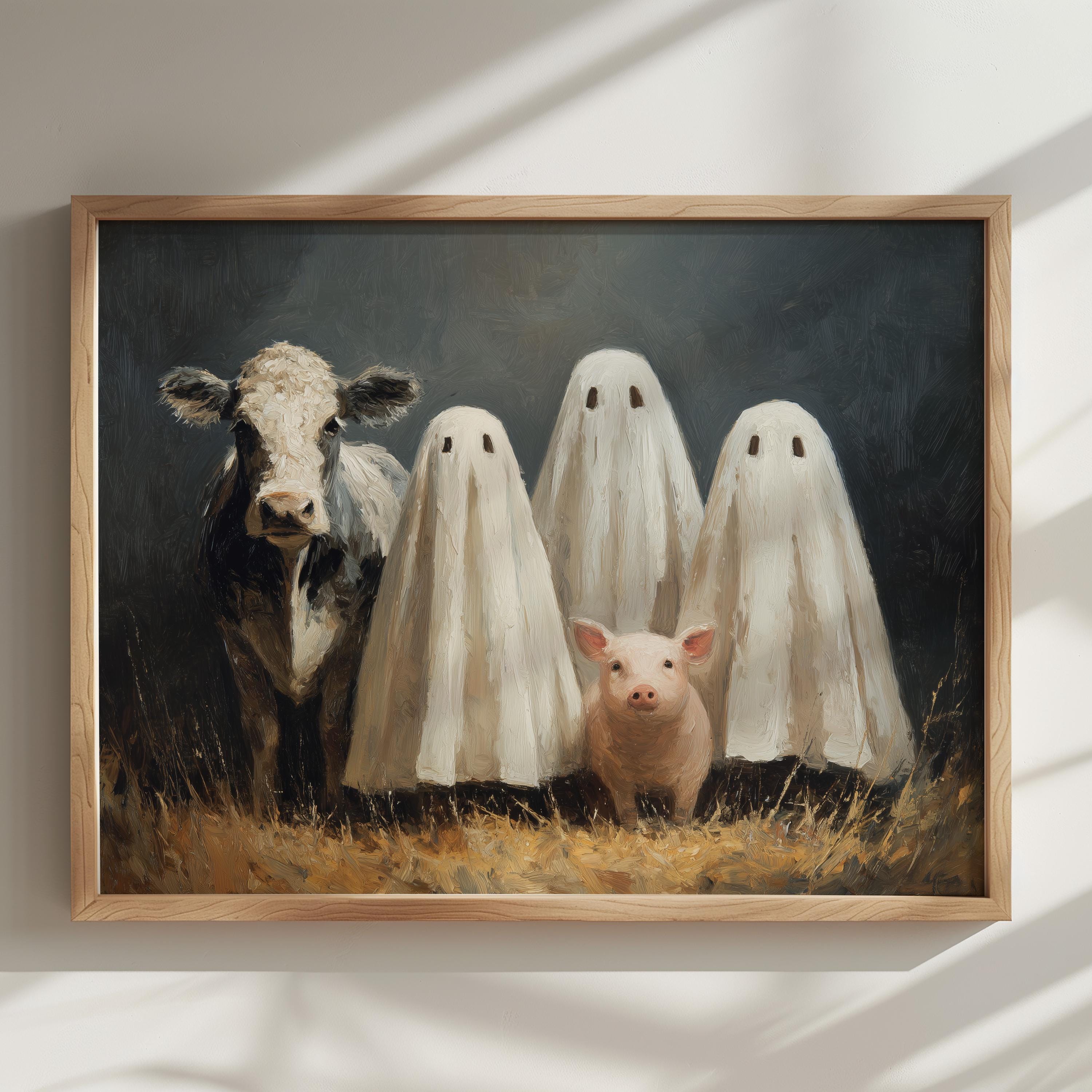 Ghostly Farm Animals Print, Rustic Ghost Wall Art, Halloween Cow Pig ...