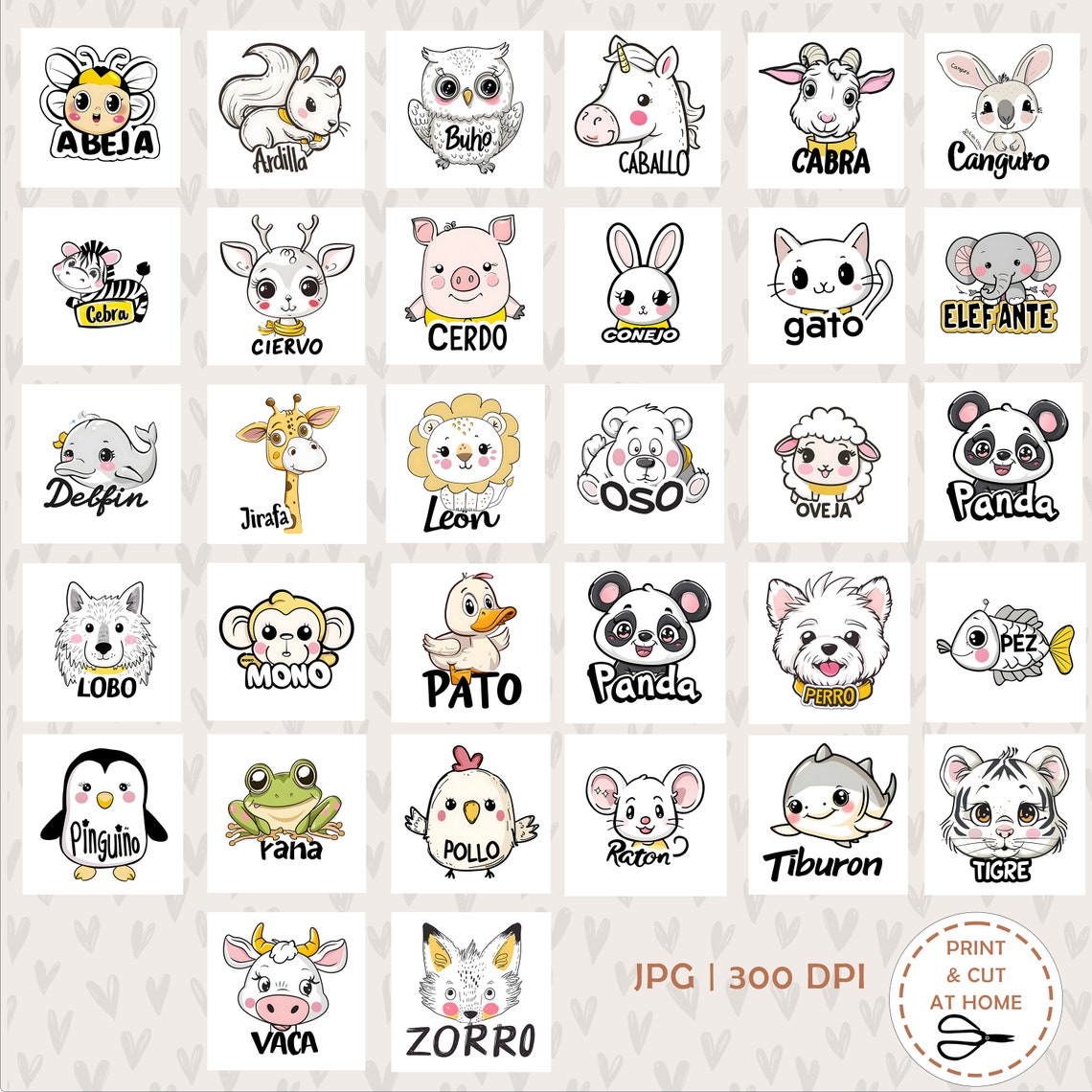 30 Cute Printable Animals in Spanish, Zoo Animals in Spanish, 30 ...