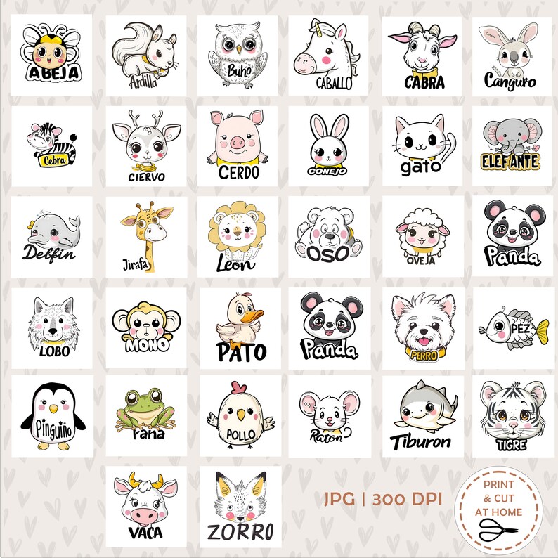 30 Cute Printable Animals in Spanish, Zoo Animals in Spanish, 30 ...