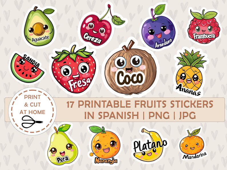 Printable Kawaii Fruit in Spanish, Basic Fruits in Spanish - Etsy
