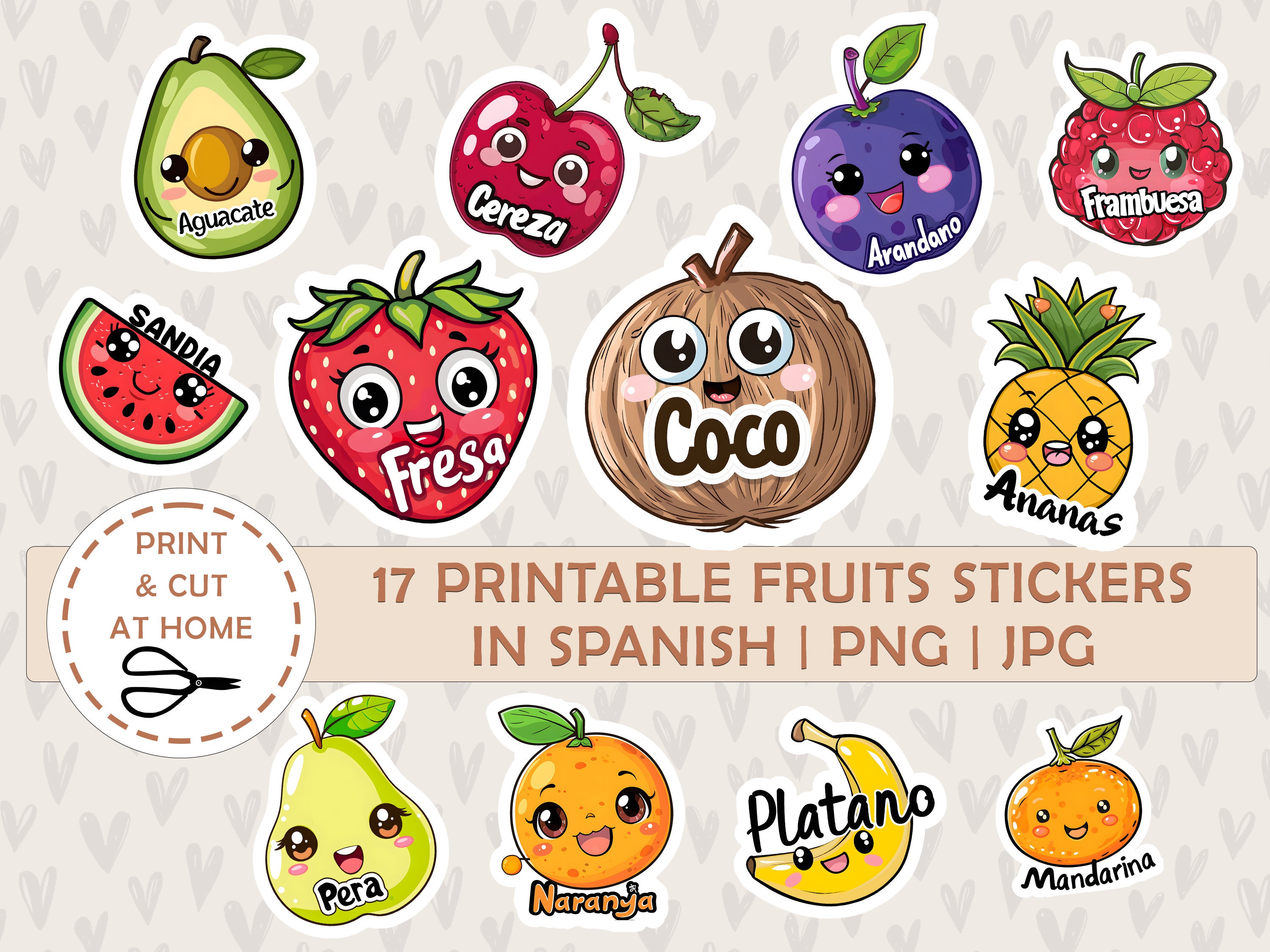 Printable Kawaii Fruit in Spanish, Basic Fruits in Spanish - Etsy