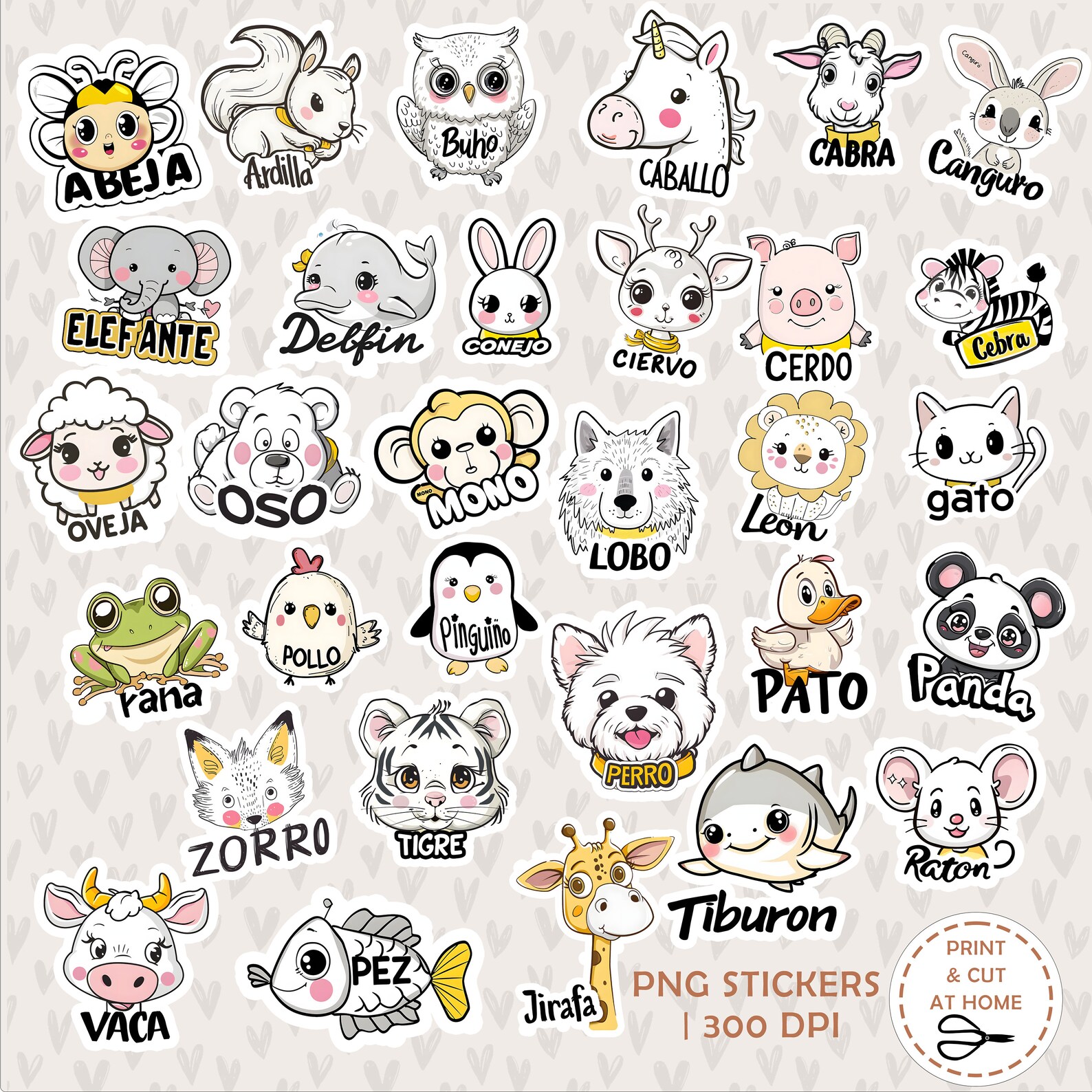 30 Cute Printable Animals in Spanish, Zoo Animals in Spanish, 30 ...