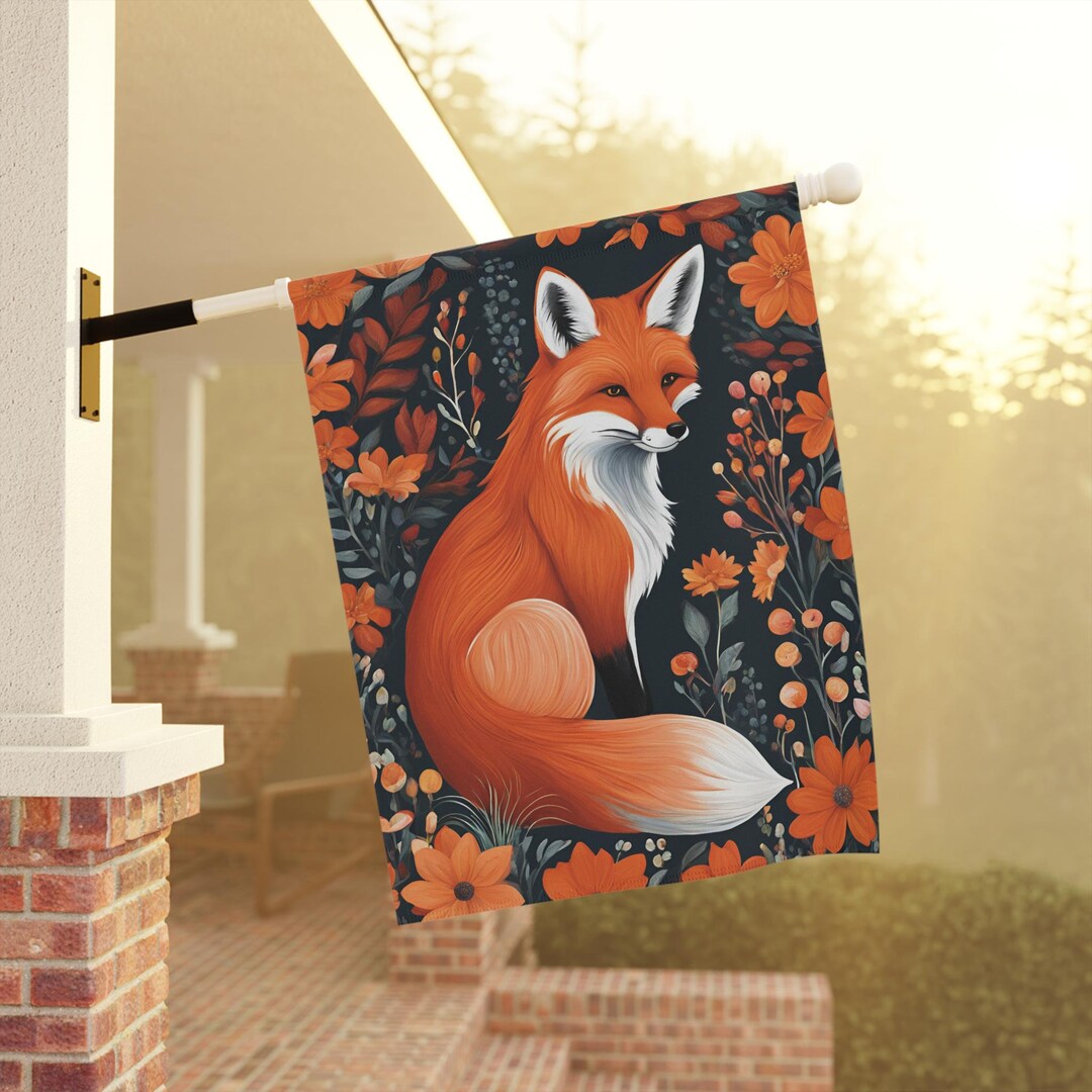 Fall Flag, Fall Fox Flag, Autumn Fox Flag, Fox Fall Flower Garden Flag ...