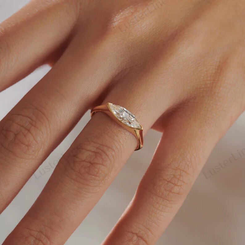 Half Bezel Set Anniversary Ring, 1.5 CT Marquise Cut Moissanite Wedding ...