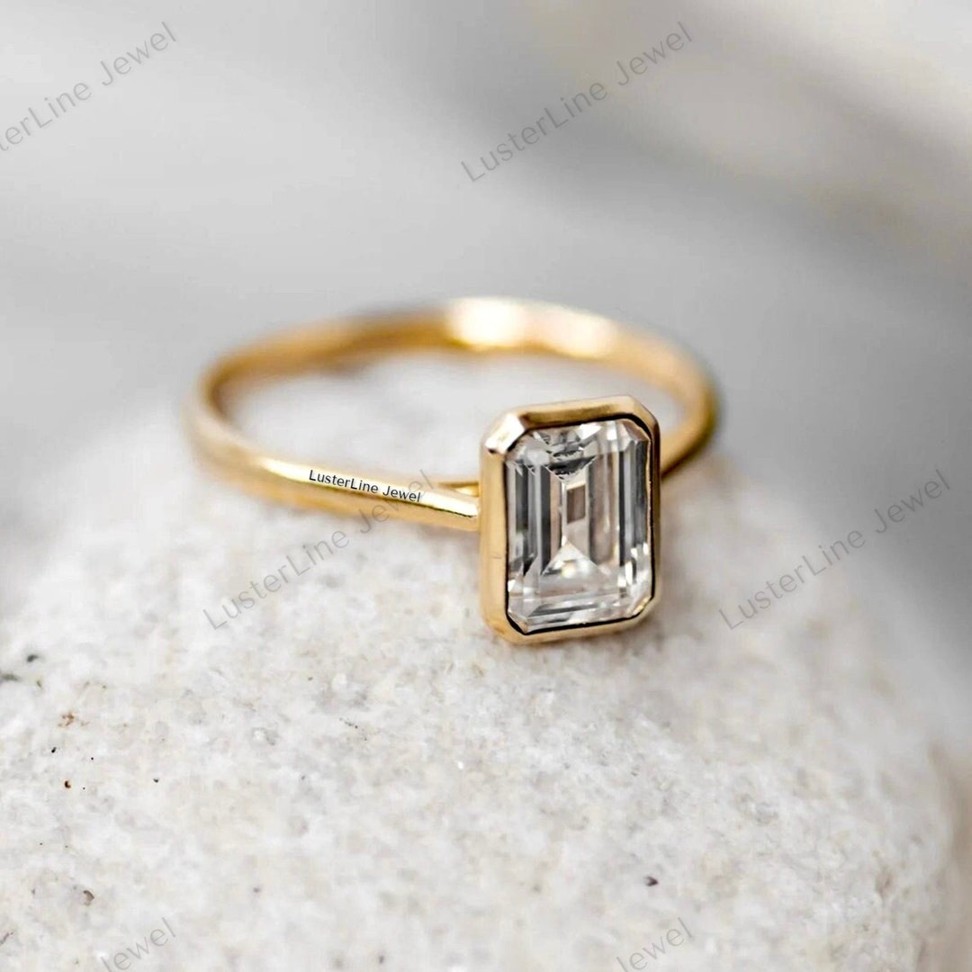 Full Bezel Set Bridal Ring, 2.0 CT Emerald Cut Moissanite Engagement ...