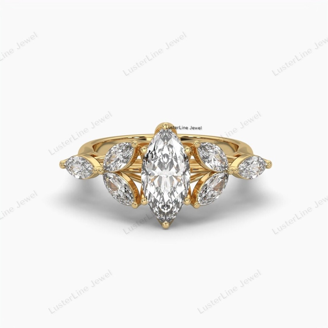 18K Yellow Gold Proposal Ring, 2.0 CT Marquise Cut Moissanite Wedding ...