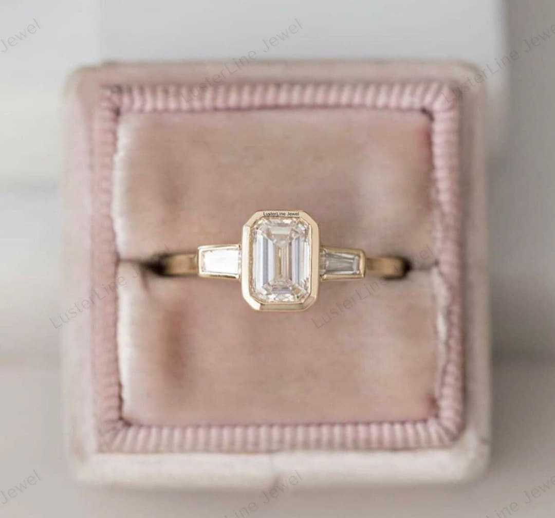 Solid Gold Full Bezel Set Wedding Ring, Baguette Side Diamond Ring, 2.0 ...
