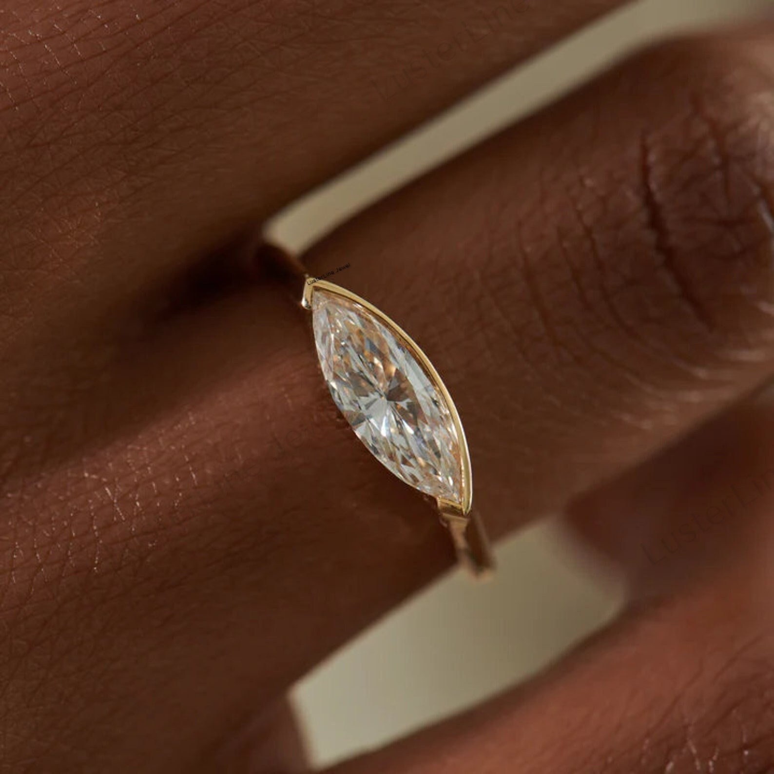 Half Bezel Set Anniversary Ring, 1.5 CT Marquise Cut Moissanite Wedding ...