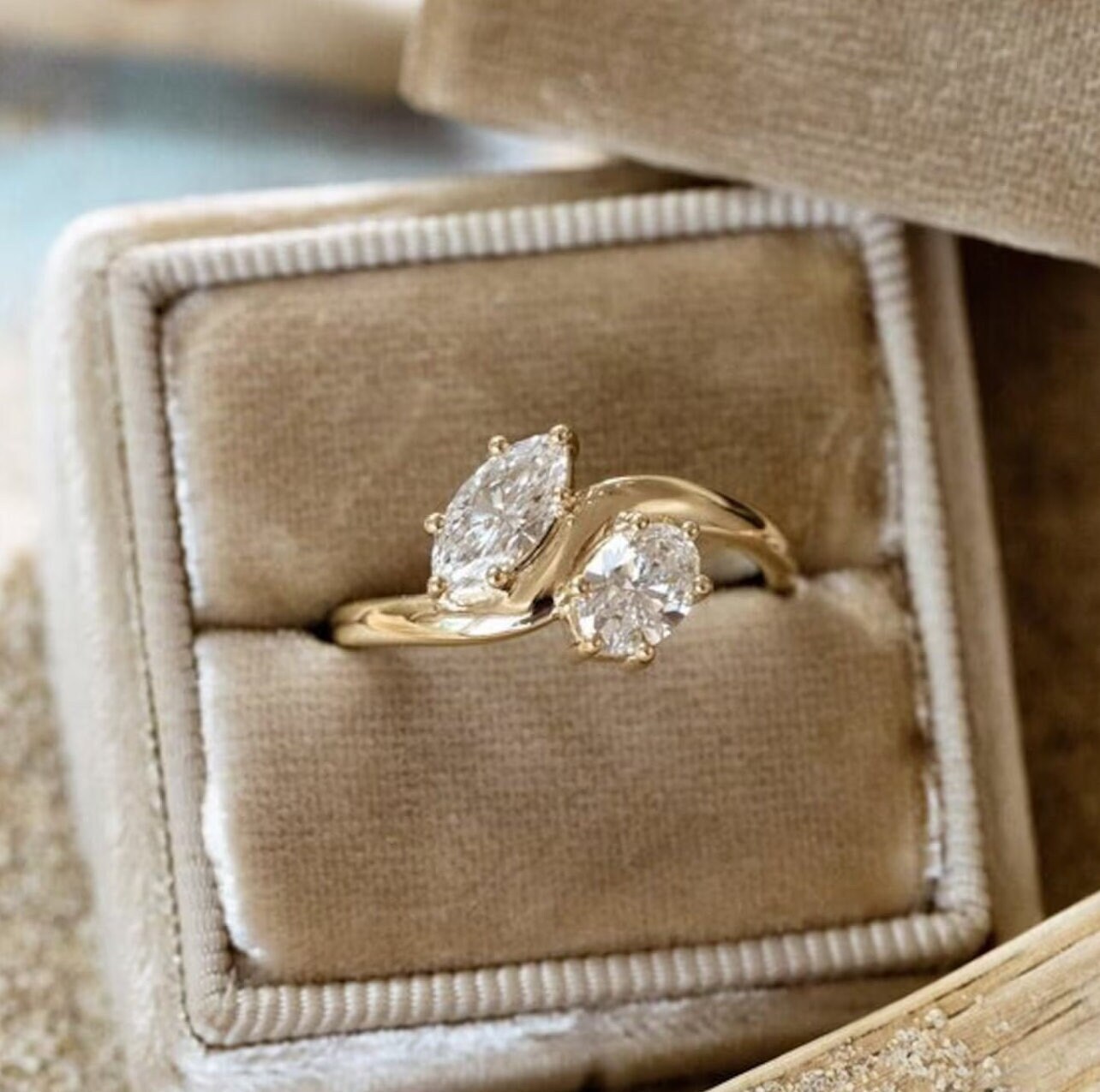 Toi Et Moi Diamond Ring, Oval and Marquise Cut Moissanite Engagement ...