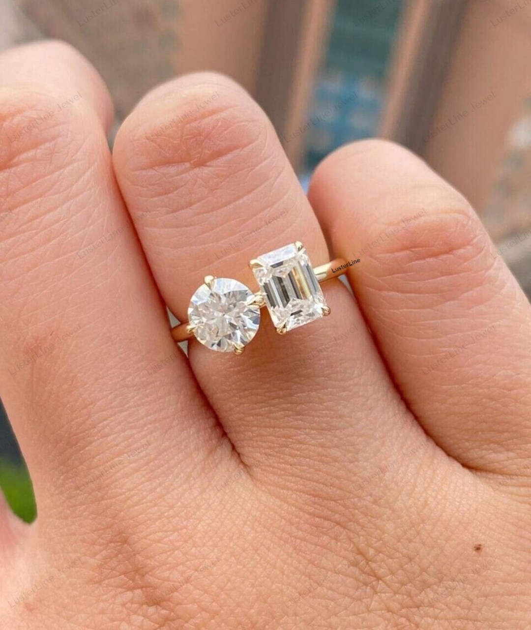 Toi ET Moi Ring, Round & Emerald Moissanite Wedding Ring, Two Stone ...