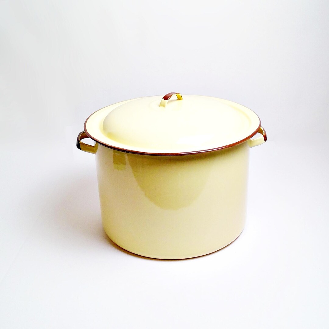Vintage Enamelware Stockpot With Lid Yellow With Brown Trim - Etsy