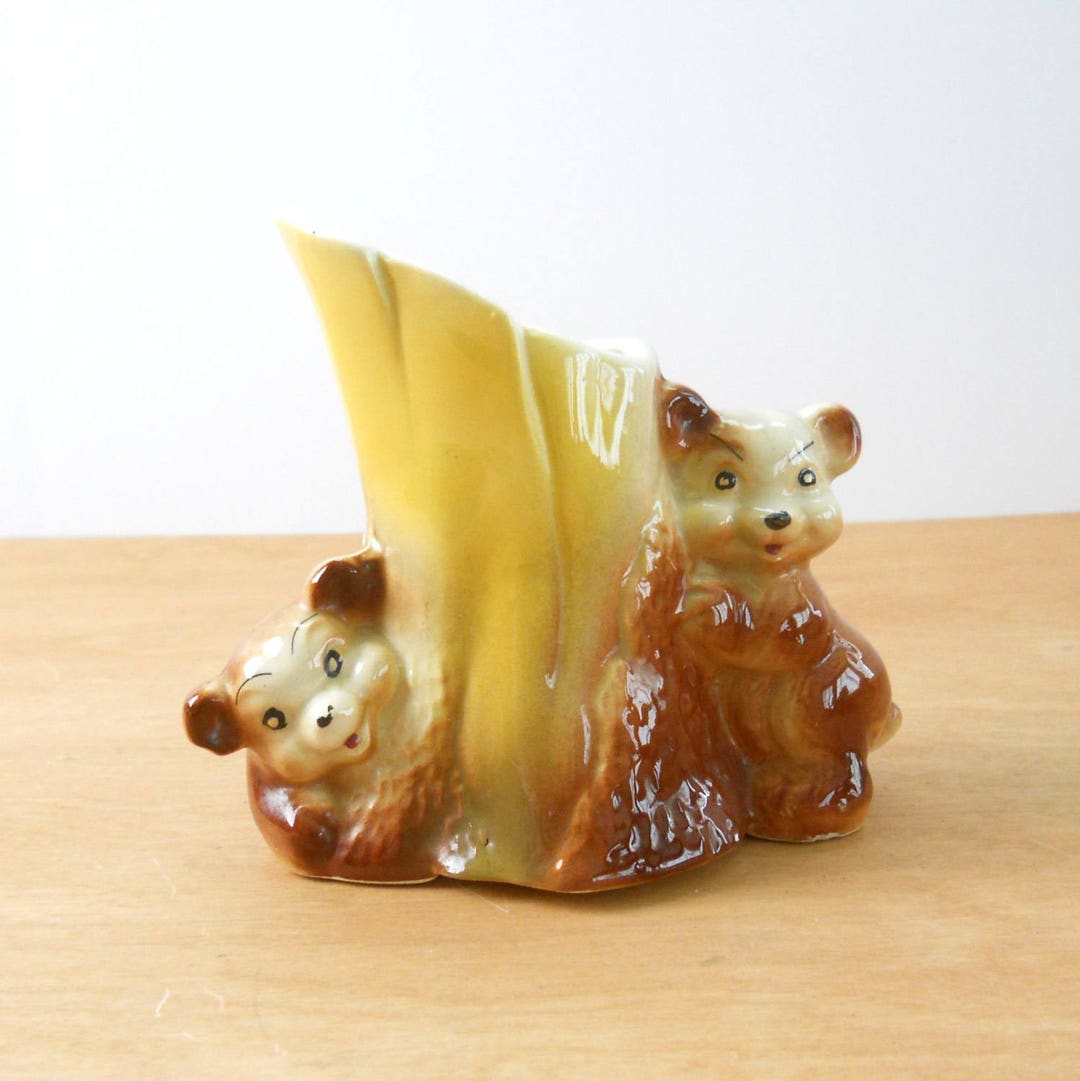Vintage Bear Vase Yellow and Brown Animal Vase Whimsical Bear Cub Twins ...