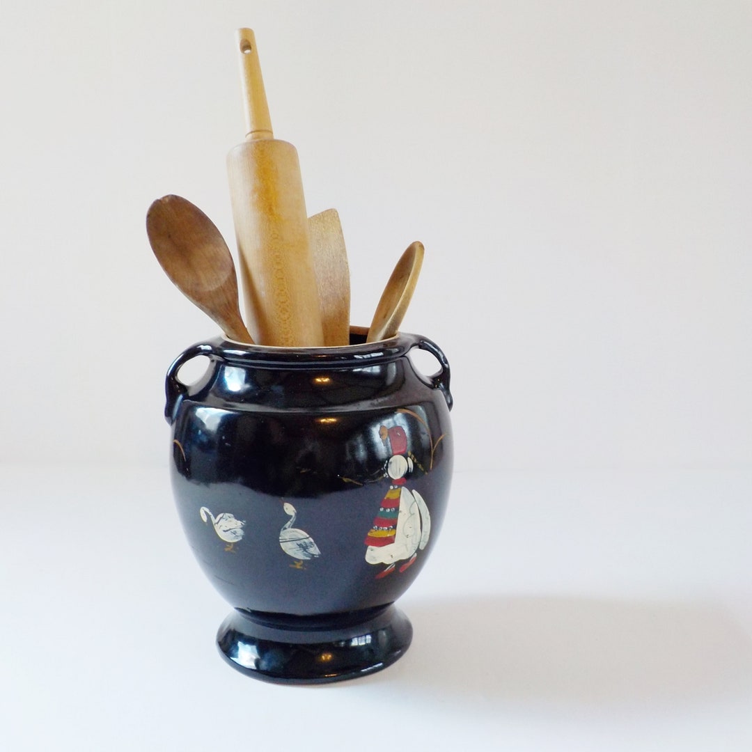 Large Vintage Made in USA Black Pottery Cookie Jar Hand Painted Girl ...