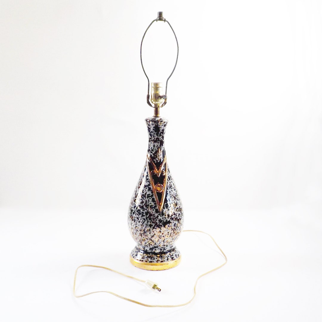 Mid Century Vintage Table Lamp Ceramic Black Gray Gold Splatter Garish ...