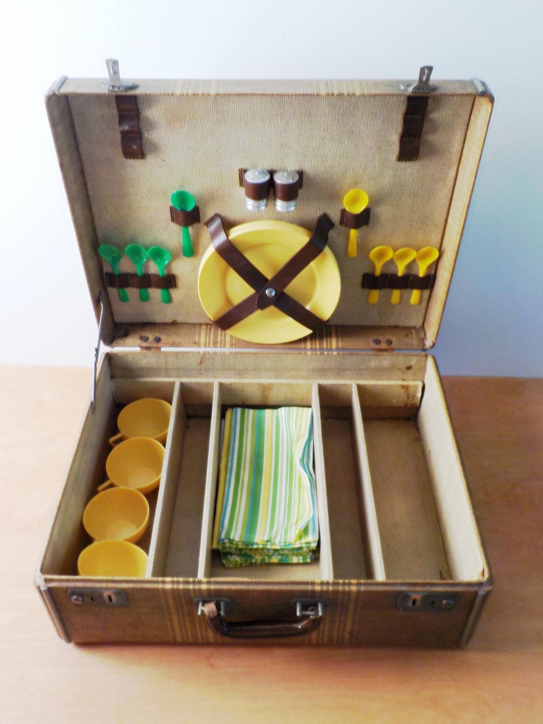 Vintage Suitcase Picnic Set Brown Tweed and Striped Hard Side Picnic ...