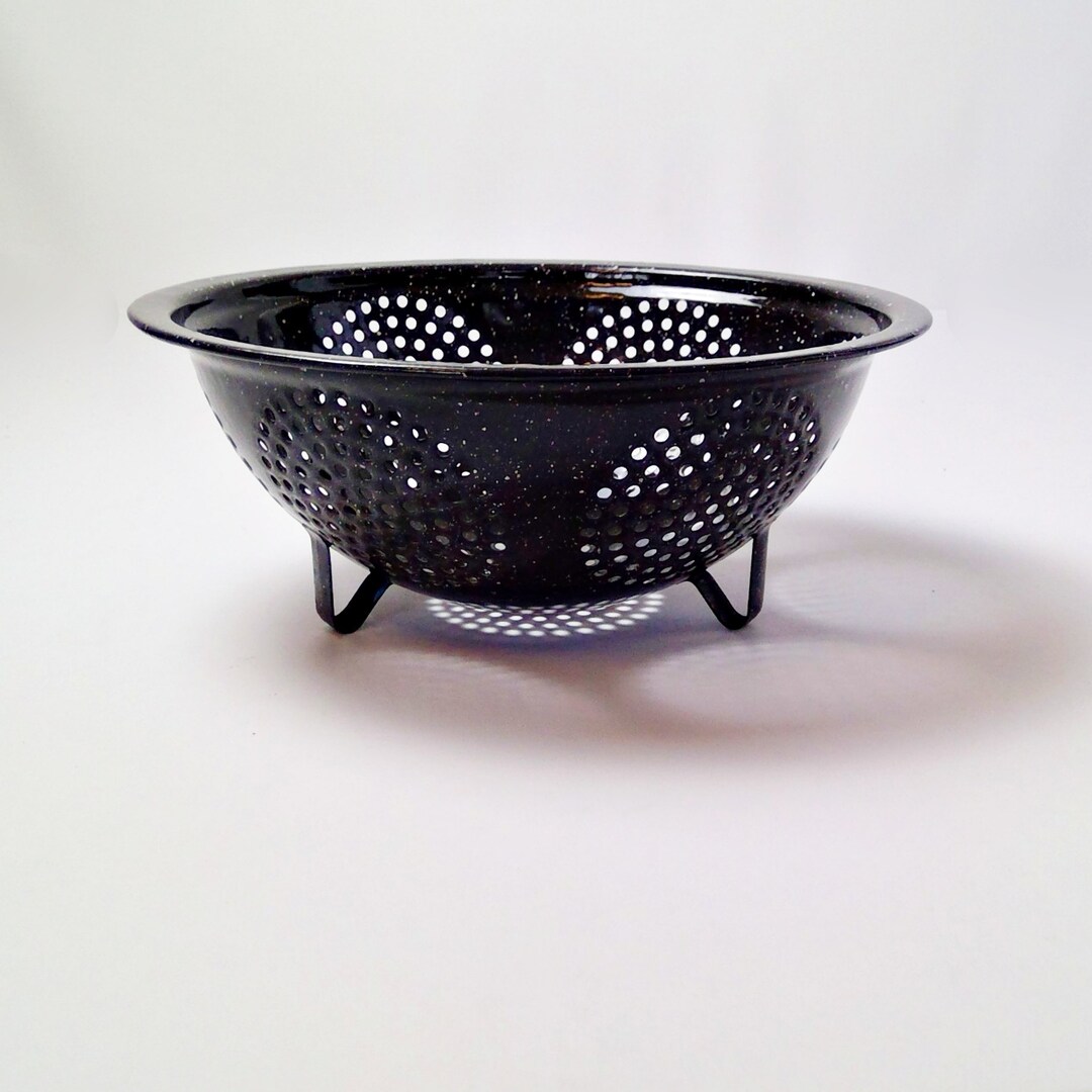 3 Legged Enamel Ware Colander Vintage Strainer Kitchen Black With White ...