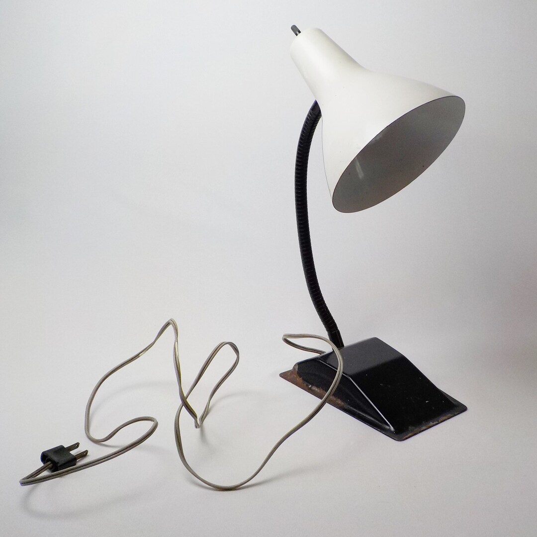 Vintage Gooseneck Metal Lamp Chippy Black Desk Task Light Shabby Goose ...