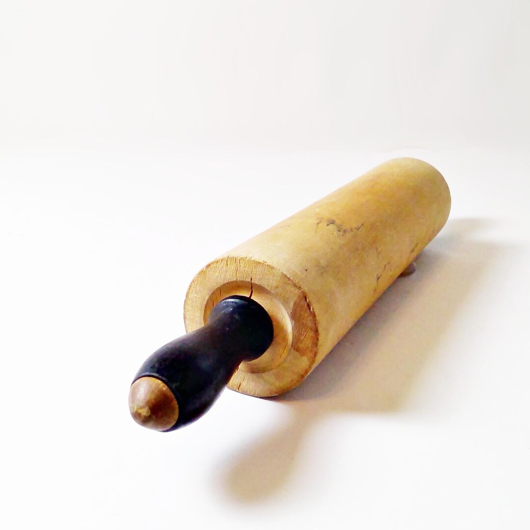 Vintage Wood Rolling Pin Black Handles Seasoned Hardwood - Etsy