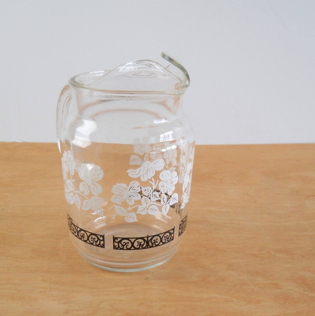 1950s Small Glass Pitcher Vintage Mid Century White Blossom With Black ...