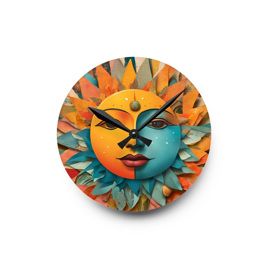 Boho Celestial Sun Face Wall Clock - Unique Bohemian Home Decor for ...