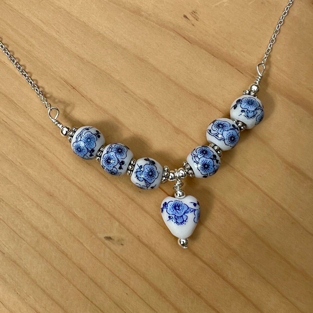 Delft Blue Willow Silver Heart Necklace Adjustable - Etsy