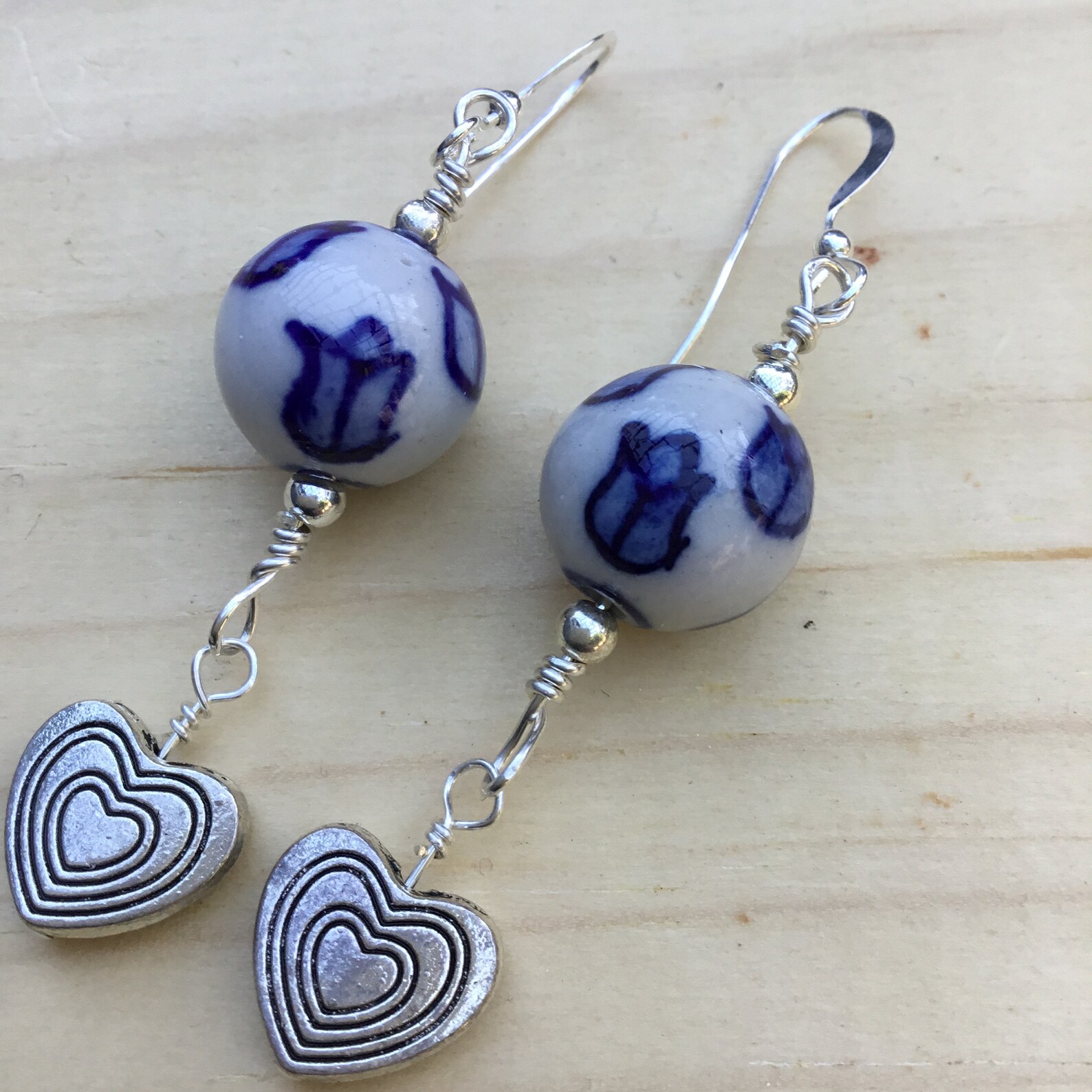Delft Tulip Earrings: Pewter Heart, Sterling Silver Ear Wires - Etsy