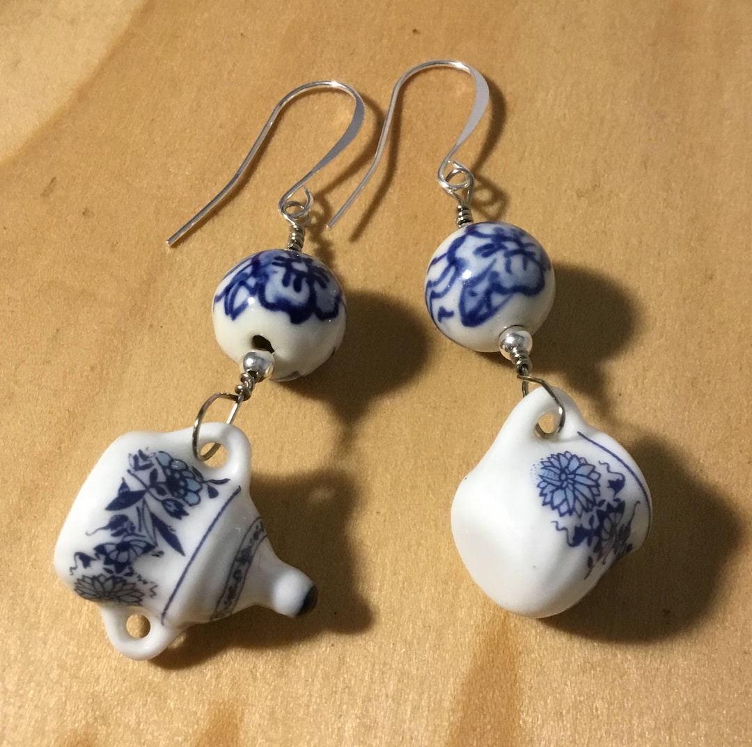 Delft Tea Set Earrings: Blue Floral Sterling Silver Dangle Earrings - Etsy